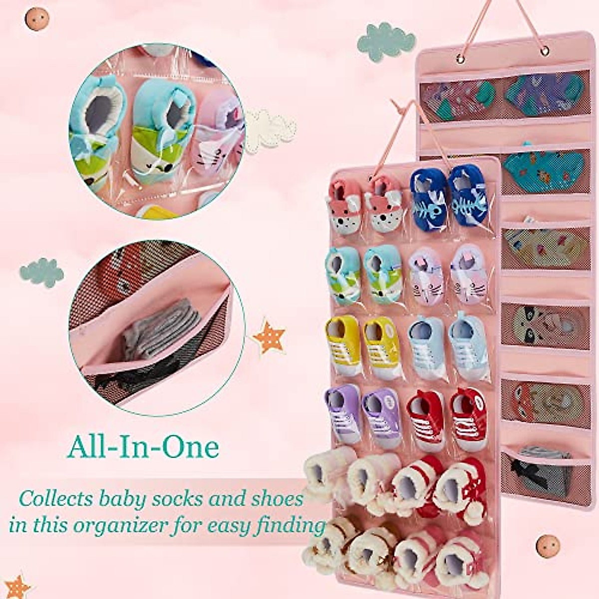 HUHYNN Baby Shoe Organizer for 12 Pairs of Boys Girls Baby Shoes, Double Sided Baby Shoe Organizer with Multiple Pockets(No Accessories Included) (Pink)