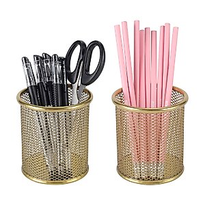 PAG Pencil Holder for Desk, 2 Pack Desktop Pen Cup, Office Supplies Desk Organizers and Accessories Organization, Makeup Brush Holder, Gold