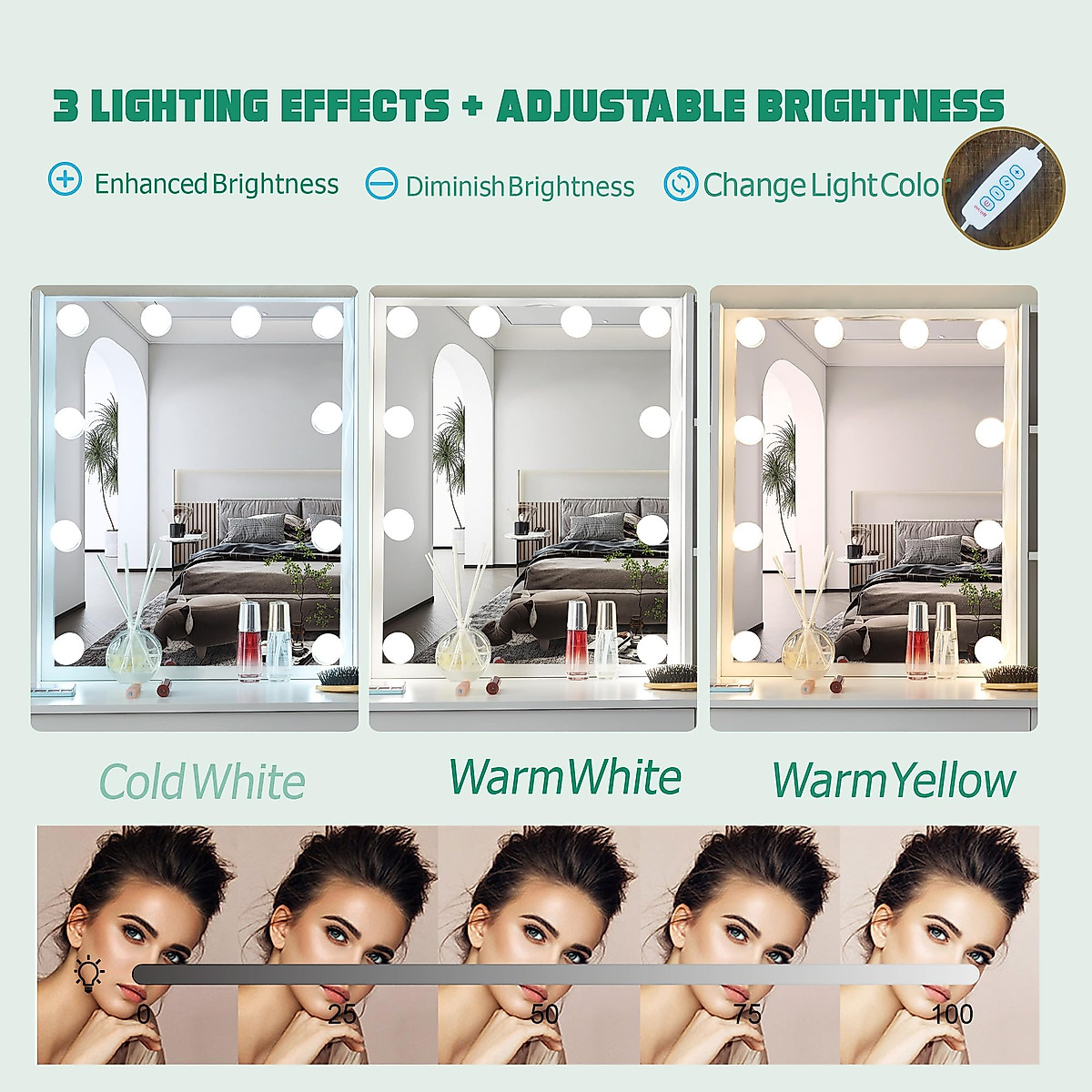 JBLCC Makeup Vanity Desk with Lights Mirror, Large Vanity Desk with Storage Shelf & Drawers,Makeup Vanity Dressing Table with Cushioned Stool for Bedroom (jbl 3072)