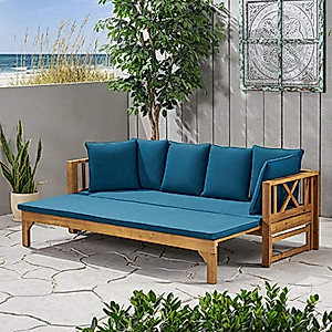 Great Deal Furniture Camille Beach Outdoor Extendable Acacia Wood Daybed Sofa, Teak and Dark Teal