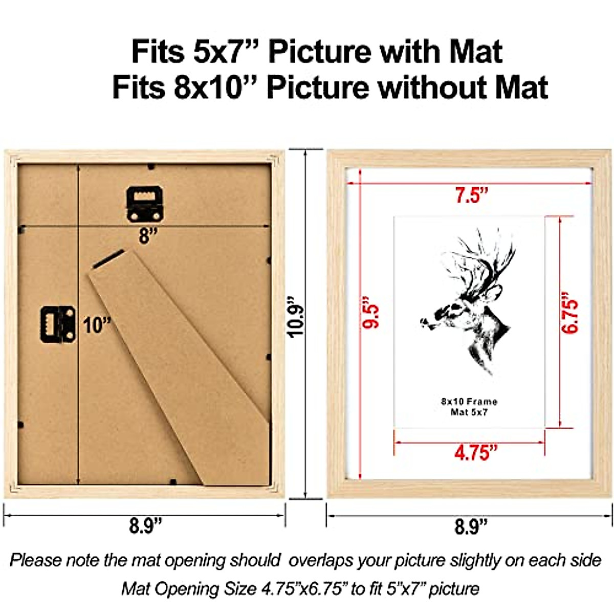 Yaetm 8x10 Picture Frame Matted to 5x7 Set of 2, Solid Oak Wood Photo Frames with Tempered Glass, 8 by 10 Wooden Picture Frames Display on Tabletop or Wall Mounting (2 Pack, Oak)