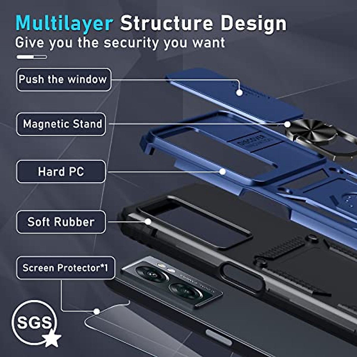 Janmitta OnePlus Nord N300 5G Case Built in Slide Camera Lens Cover and Screen Protector,Heavy Duty Shockproof Full Body Protective Phone Cover,Built in Finger Ring Stable Holder Kickstand,2022 Blue