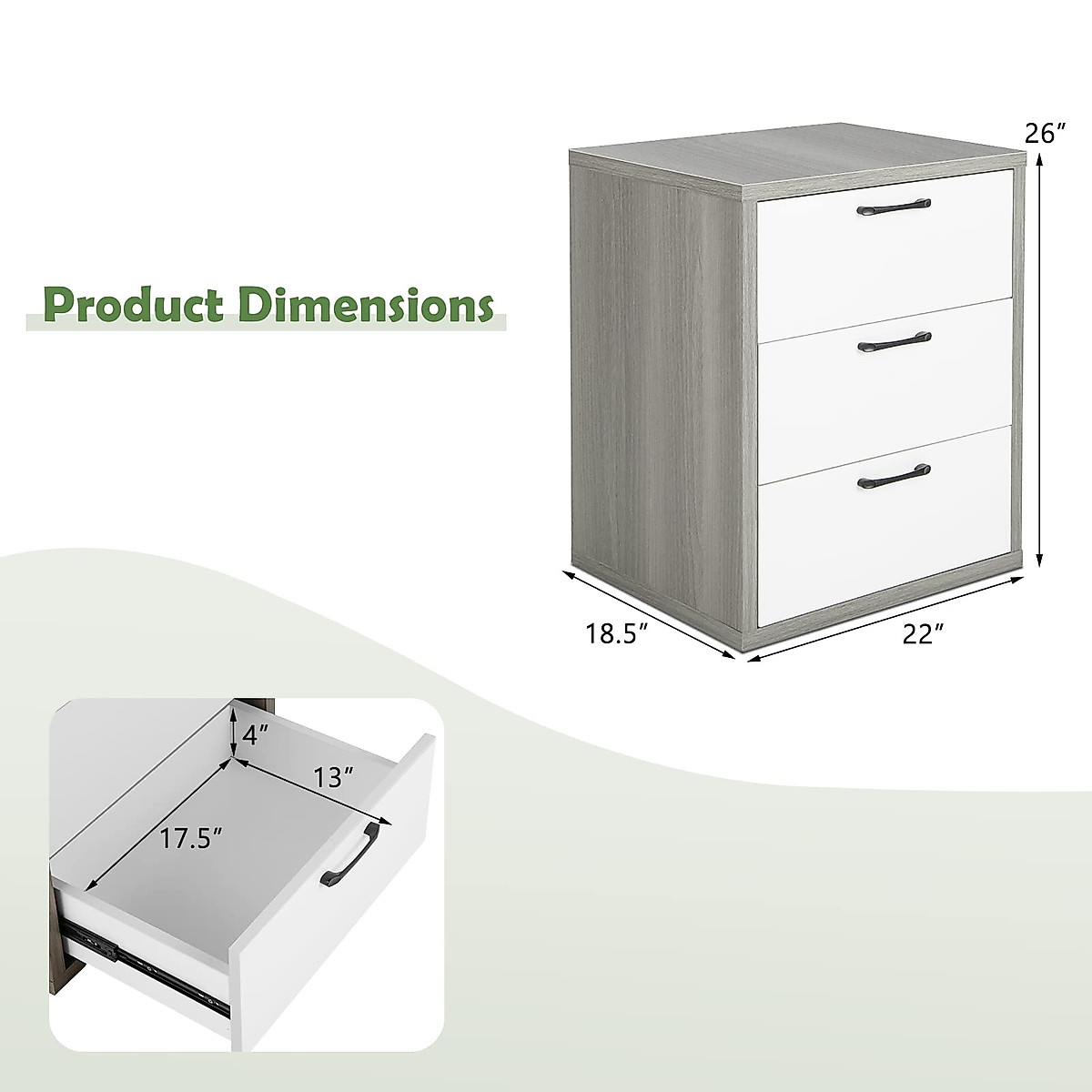 Giantex 3 Drawer Dresser, 26" Tall Wood Drawer Chest Dresser Cabinet with Storage & Gray Grain, Storage Cabinet, Nightstand for Living Room, Bedroom, Hallway, Entryway