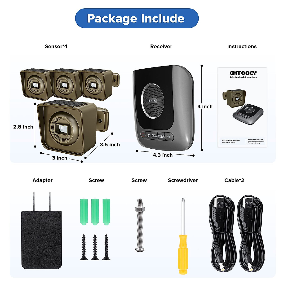 Chtoocy 4 Pack Solar Driveway Alarm Wireless Outside Long Range 3000 ft Weatherproof Solar Outdoor Perimeter Gate Alarm System Moiton Sensor Alert & Detector Driveway Alarm w Rechargeable Battery