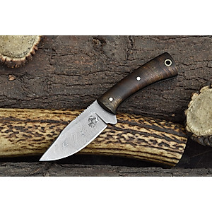 Knives Ranch Fixed Blade EDC Knife with Horizontal Carry Sheath – Small Hunting Knife – Damascus Skinning Knife – Cowboy Knife with Leather Sheath Stabilized Rosewood Handle (4402-IRW)