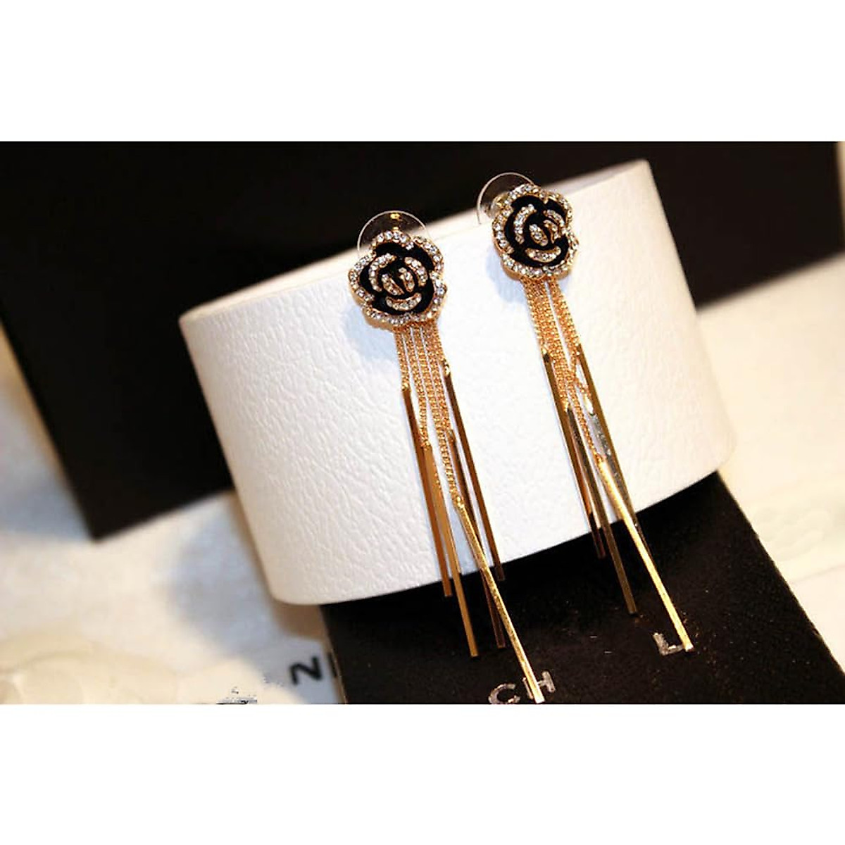 Rhinestone Pendant Black Rose Floral Tassel Earrings