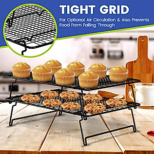 MIU Stackable Cooling Racks for Cooking and Baking with Folding Legs, Multi Tier, Set of 2, Black, Wire Grid Stainless Steel, Kitchen Counter and Oven Safe