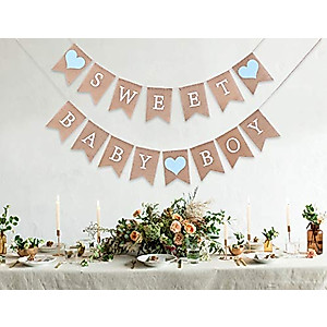 Sweet Baby Boy Burlap Banner - Sweet Baby Boy Shower Decorations, Rustic Baby Shower Decorations, Photo Decoration Props (Sweet Baby Boy Blue)