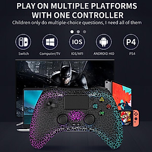 RALAN Wireless Controller with 8 Color Adjustable LED Lighting Compatible with PS4 Pro/PS4 Slim/PS3/PC/IOS/Nintendo Switch/PS4 Controller Dualshock 4, with Headphone Jack for FPS Game （Black）