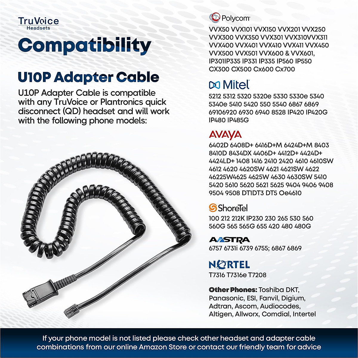 TruVoice U10P Adapter Cable Compatible with Any Plantronics (QD) Headset and Works with Mitel, Nortel, Avaya Digital, Polycom VVX, Shoretel, Aastra, Digium, ESI, Allworx and More