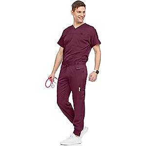 MediChic Men's Workwear Scrubs Stretch V-Neck Scrub Joggers Set with Seven-Pocket Pants Available in 10 Colors Up to Size 3X