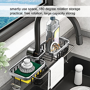 Jeanoko Faucet Storage Shelf Aluminum Plastic Two Containers with Towel Rod Kitchen Sink Faucet Shelf for Sponge Rag Kitchen Bathroom(Silver)