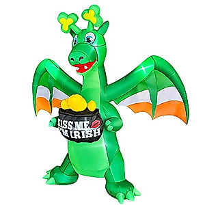 SEASONBLOW 7 Ft Inflatable St. Patrick's Day Dragon Holding a Pot of Gold Decoration with Shamrock Horn Irish Wings LED Blow Up Yard Decor for Lawn Yard Garden Indoor Outdoor Holiday Party