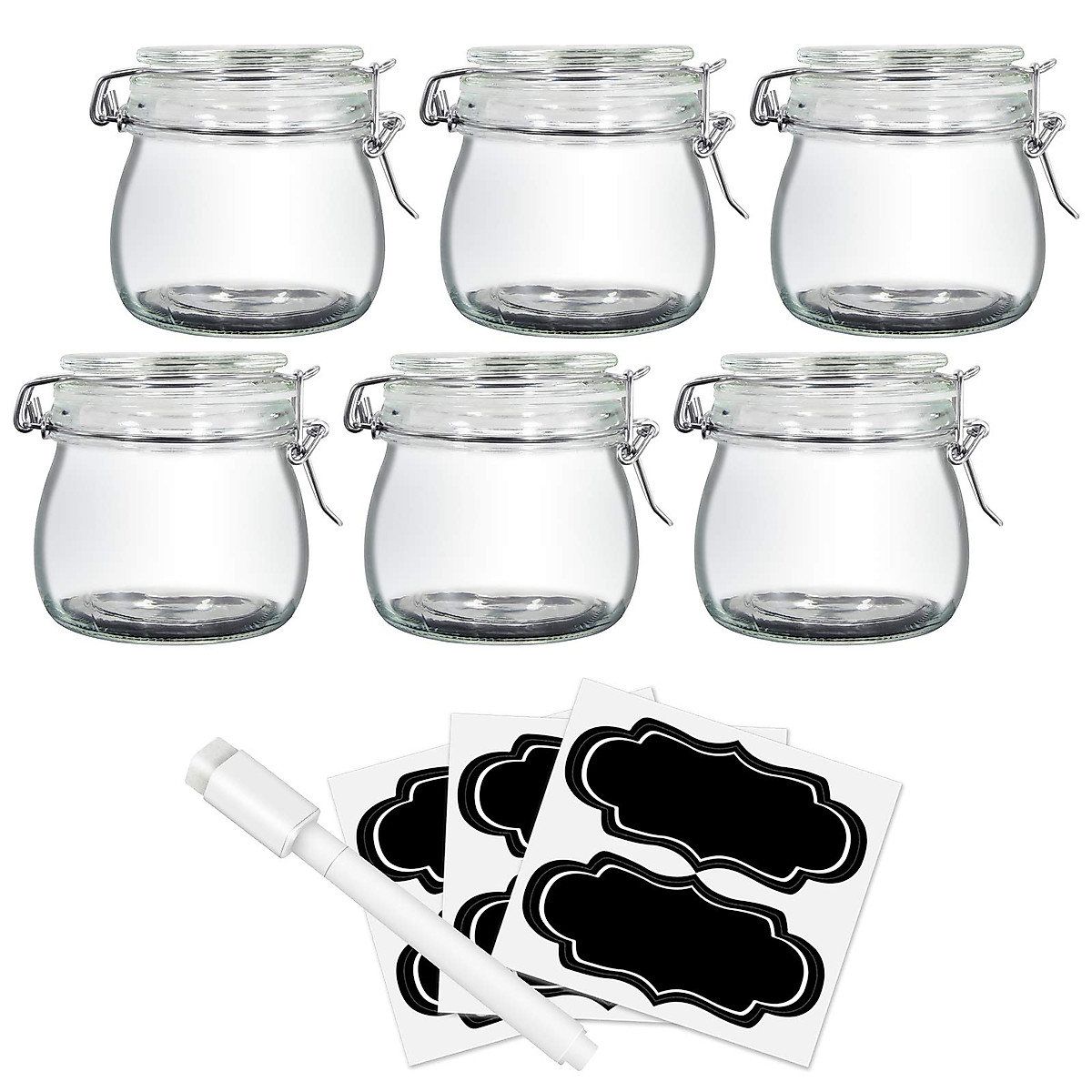 YEBODA 16oz Food Storage Canister Glass Jars with Clamp Airtight Lids and Silicone Gaskets for Multi-Purpose Kitchen Containers - Clear Round (6 Pack)