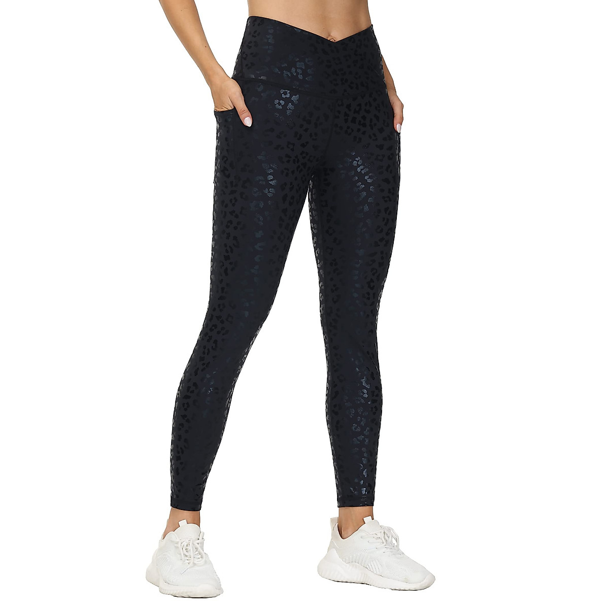 THE GYM PEOPLE Women's V Cross Waist Workout Leggings Tummy Control Running Yoga Pants with Pockets(Black Leopard, Large)