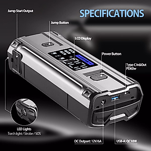 Cxy T13Plus 2000A Jump Starter Power Pack,65W in/Out Fast Charging 12V Car Jump Starter for Up to 8.5L Petrol or 6L Diesel Engines,Car Battery Booster Jump Starter with LCD Screen for Laptop Charging