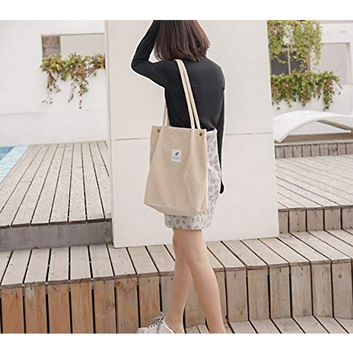 MODANA Corduroy Tote Shopping Bag with Interior Pocket, Reusable Washable and Ecofriendly, Perfect Totes for Shopping Travelling School and So on (Beige)