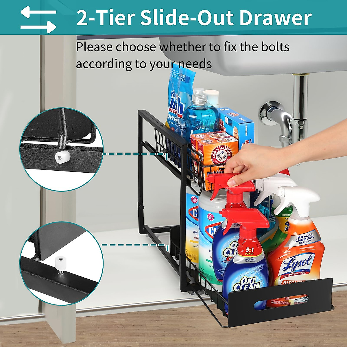 Coyeth Under Sink Organizer, Height Adjustable Metal 2-Tier Pull Out Cabinet Organizer Under Kitchen Sink Organizer, L Shaped Slide Out Sink Shelf, Under Cabinet Storage for Kitchen Bathroom