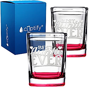 Aunt Gift Idea Best Auntie Ever 2oz Red Colored Square Shot Glasses Set of 2 Etched Party Favors Cool Birthday Gifts for Auntie, Her, Sister, Women