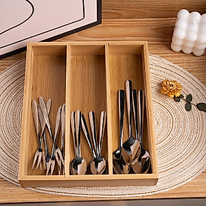 Fibogollo Silverware Organizer Bamboo Kitchen Drawer Organizer Kitchen Utensil Organizer, Flatware Organizer Tray for Kitchen, Flatware, Utensils