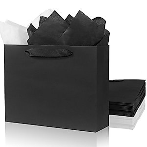 12 Pack Medium 10.6"x3.2"x8.3" Black Gift Bags with Tissue Paper, Kraft Shopping Bags with Ribbon Handles, Retail Wrapping Bags Set for All Occasions
