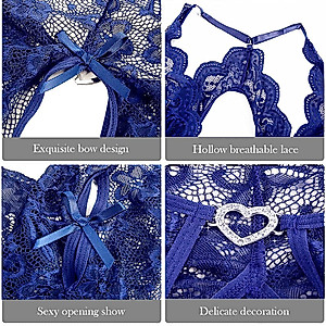 UFZIJP Women One Piece Lingerie Deep V Teddy Sexy Lace Bodysuit (XL, Bow Ties Blue)