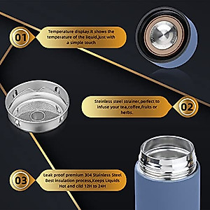 Thermos,15oz Coffee Thermos for Hot Drinks(Women,Men,Baby),Smart Sports Water Bottle with LED Fahrenheit Display,Frosted Feel,Keeps Hot for 12 Hrs,Cold for 12 Hrs(Blue)