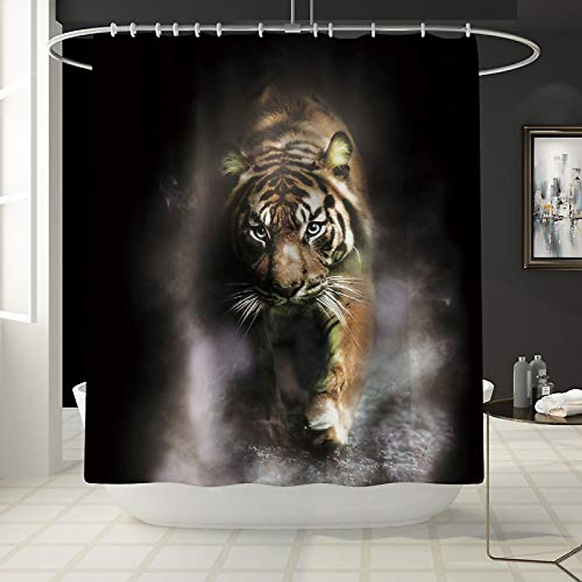 Tiger Bathroom Set Bath Rugs Bathroom Accessory Sets Lion Tiger Wolf Printing Shower Curtain mat Four Sets of Bathroom Toilet Anti-Skid Absorbent Carpet Foreign Trade Four-Piece (Tiger)