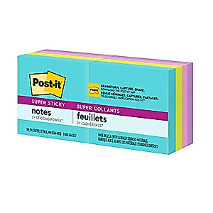 Post-it Super Sticky Notes,2x2 in, 8 Pads, 2x the Sticking Power, Supernova Neons Collection, Recyclable (622-8SSMIA) , 1 7/8" x 1 7/8" , Assorted
