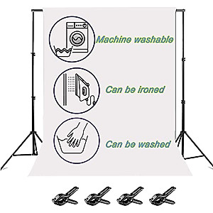 Backdrop Stand with White Backdrop，White Backdrop Stand，White Photo Backdrop with Stand， ​ Polyester White Cloth 6x9 feet Adjustable 8.5x10 Photography Stand 4 Clips