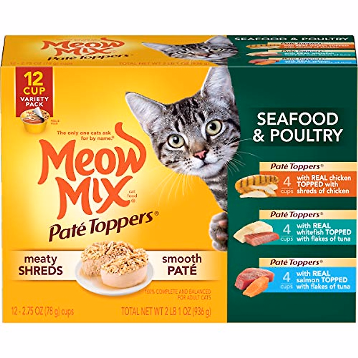 Meow Mix Paté Toppers Wet Cat Food, Seafood & Poultry Variety Pack, 2.75 Ounce, 12 Count(Pack of 1)