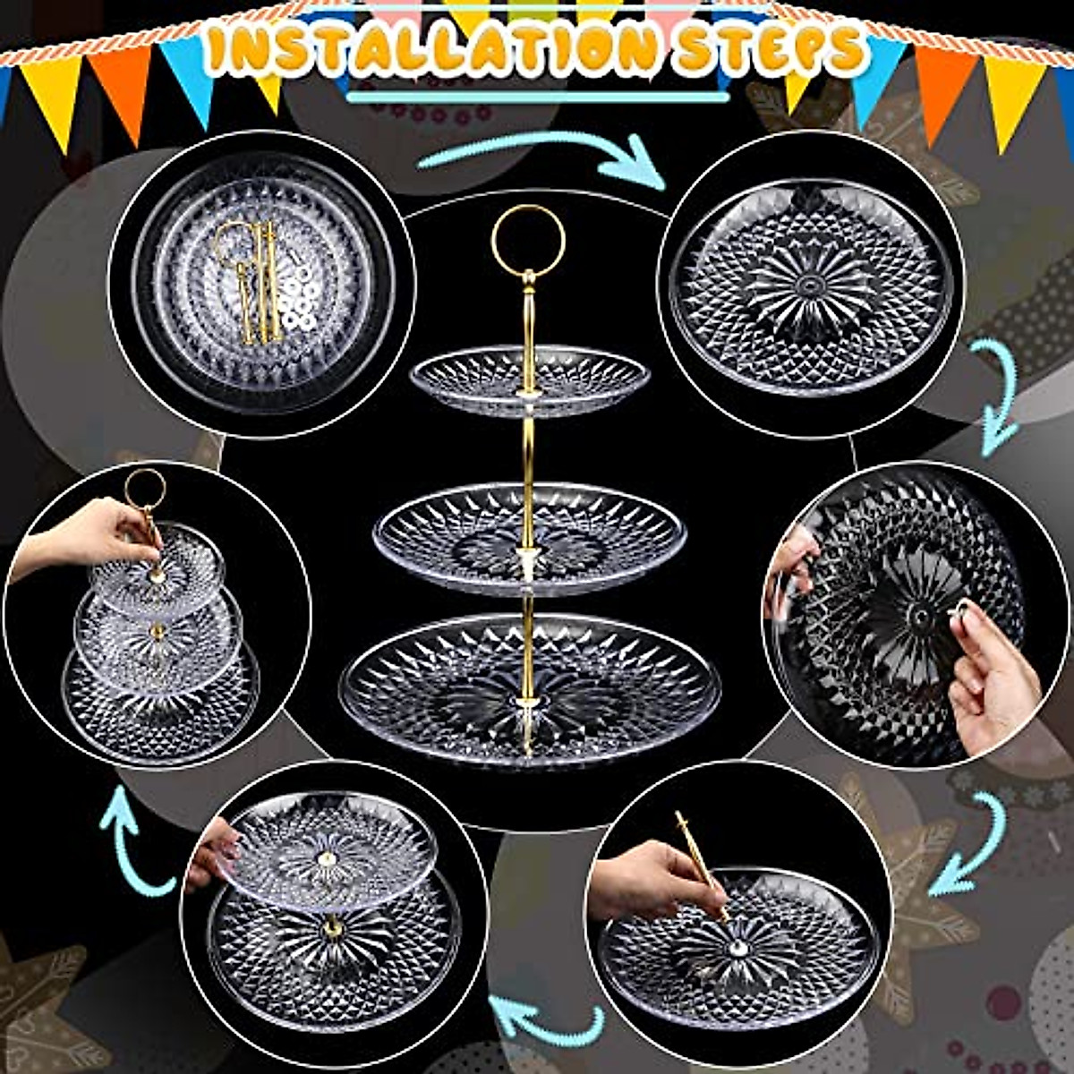 14 Pieces Tiered Cupcake Stand Set Gold 2-Tier 3-Tier Serving Stand Tower Tray with Round Rectangle Food Serving Trays Long Slim Dessert Stand for Party Baby Shower Wedding (Crystal Style)