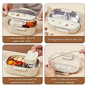VANDHOME Bento Box Stainless Steel Lunch Box with Cutlery 2-Compartment Lunch Container Reusable Bento Lunch Box, Suitable for Office, Work Meals, BPA-Free Leak-Proof Bento Box (Beige 900ml)