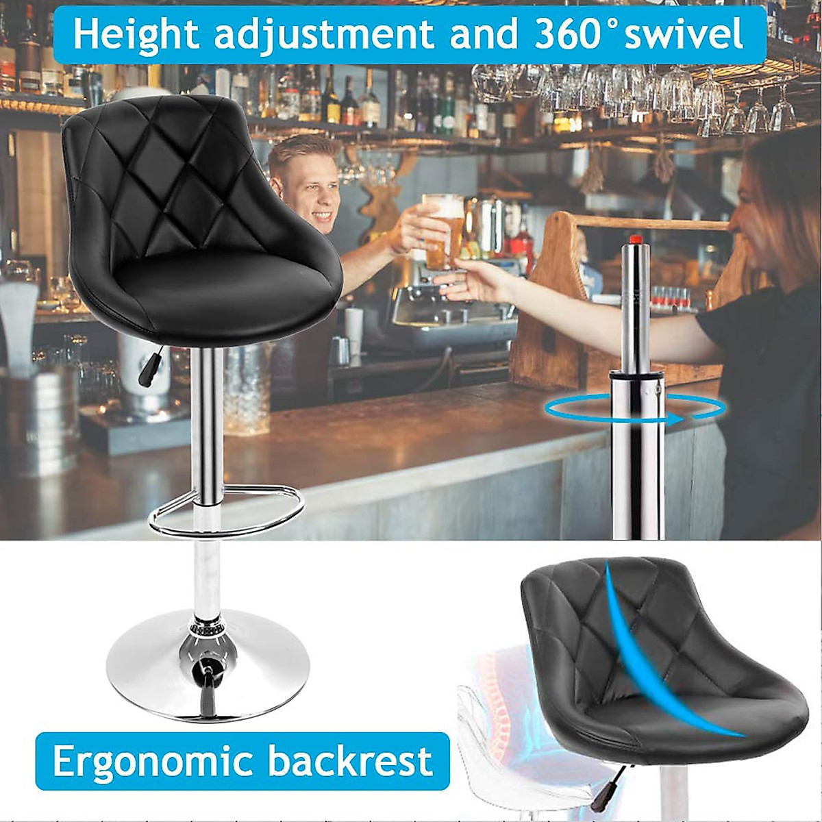 Dkeli Counter Height Bar Stools Set of 2 Leather Adjustable Bar Chairs for Kitchen Living Room Pub Swivel Bar Stool Armrest(Black)