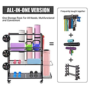 Home Gym Storage Rack, Yoga Mat Storage Racks, All in One Workout Equipment Storage Organizer for Yoga Ball Dumbbell Kettlebells Foam Roller Resistance Bands, Exercise Shelf with Hooks and Wheels
