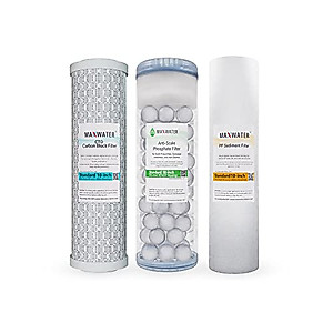 10" Standard Whole House Whole House Anti Scale Filter Set - 10" x 2.5" Polypropylene Sediment, Phosphate Anti-Scale, CTO Carbon Block Water Filter pack, Total of 3 Filters