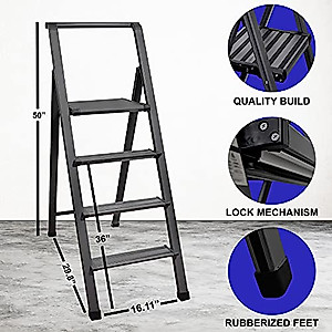Step Ladder 4 Step Folding, Decorative - Modern Beautiful Grey Aluminum, Ultra Slim Profile, Anti Slip Steps, Sturdy-Portable for Home, Office, Kitchen, Photography Use,by SORFEY