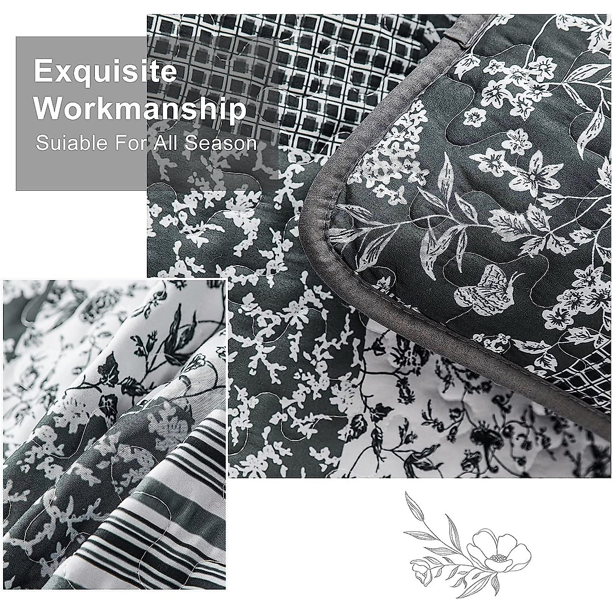 Mybedsoul Black Grey Boho Quilt Set California King Size,3 Pieces Plaid Floral Bedspread Coverlet Set for All Season,Patchwork Reversible Bedding Set 106"x 96"