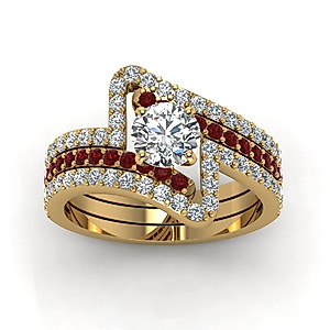 Jewelrygift Crossover Diamond Trio Wedding Set Yellow Gold Plated Created Ruby Round Shape Red Color Trio Wedding Ring Sets Prong Setting in Size 9 Party Wear Daily Wear Ornament