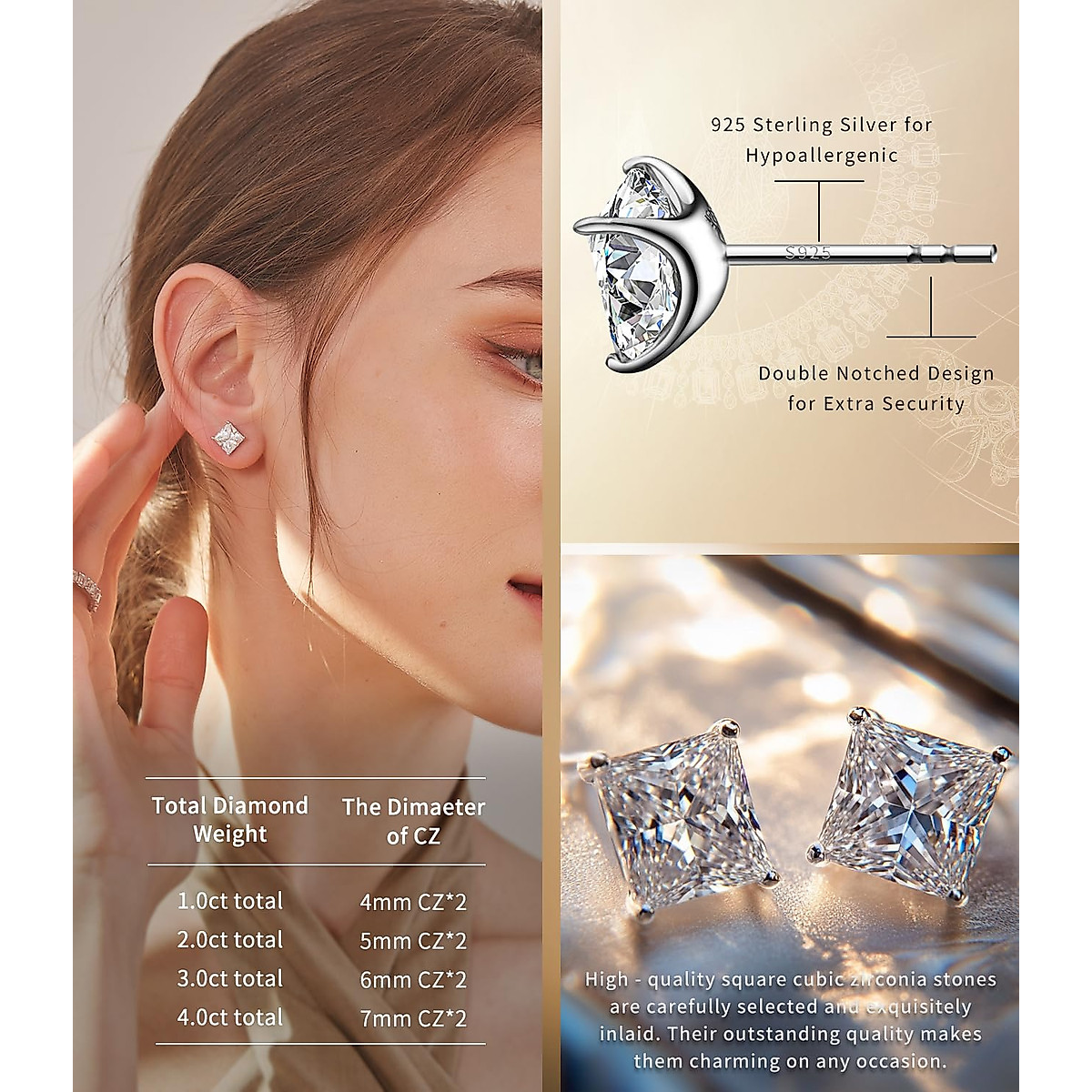 "STUNNING FLAME “18K Gold Plated Sterling Silver Princess Cut Cubic Zirconia Stud Earrings for men women(w-6)