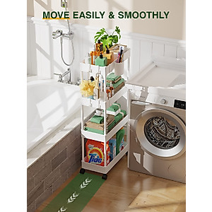 LEHOM Slim Rolling Storage Cart - 4 Tiers Bathroom Organizer Utility Cart Slide Out Storage Shelves Mobile Shelving Unit for Kitchen, Bedroom, Office, Laundry Room, Small Narrow Spaces (Pear White)