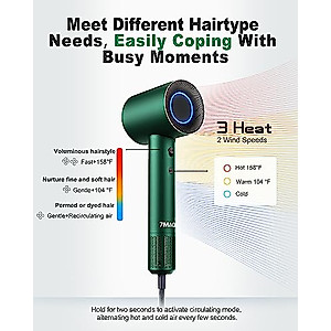 7MAGIC High-Speed Hair Dryer with 110,000RPM Brushless Motor for Fast Drying, Low Noise Blow Dryer with Tri-Colour LED Light Ring, 1400W Ionic Hair Dryer for Home and Travel, Magnetic Nozzle, Green