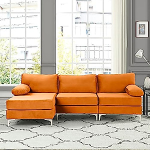 Casa Andrea Milano llc Modern Large Velvet Fabric Sectional Sofa L Shape Couch with Extra Wide Chaise Lounge, Orange