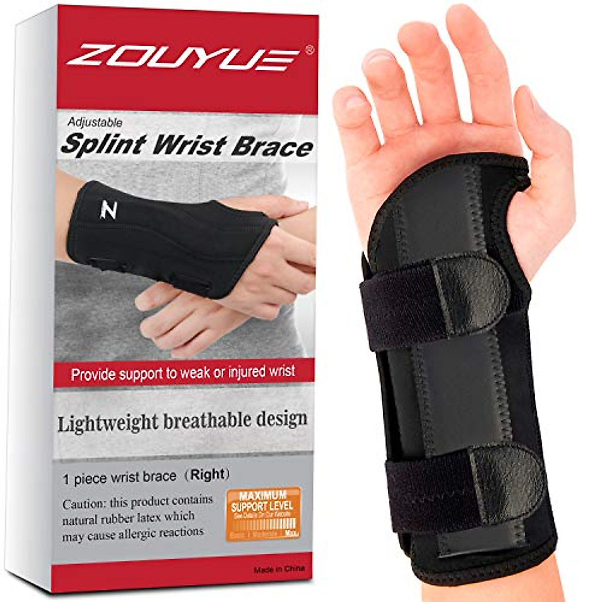 ZOUYUE Carpal Tunnel Wrist Brace, Adjustable for Men, Women, Night Sleep Splint Support for Pain Relief, Tendonitis, Sport Injuries - Right Hand M/L