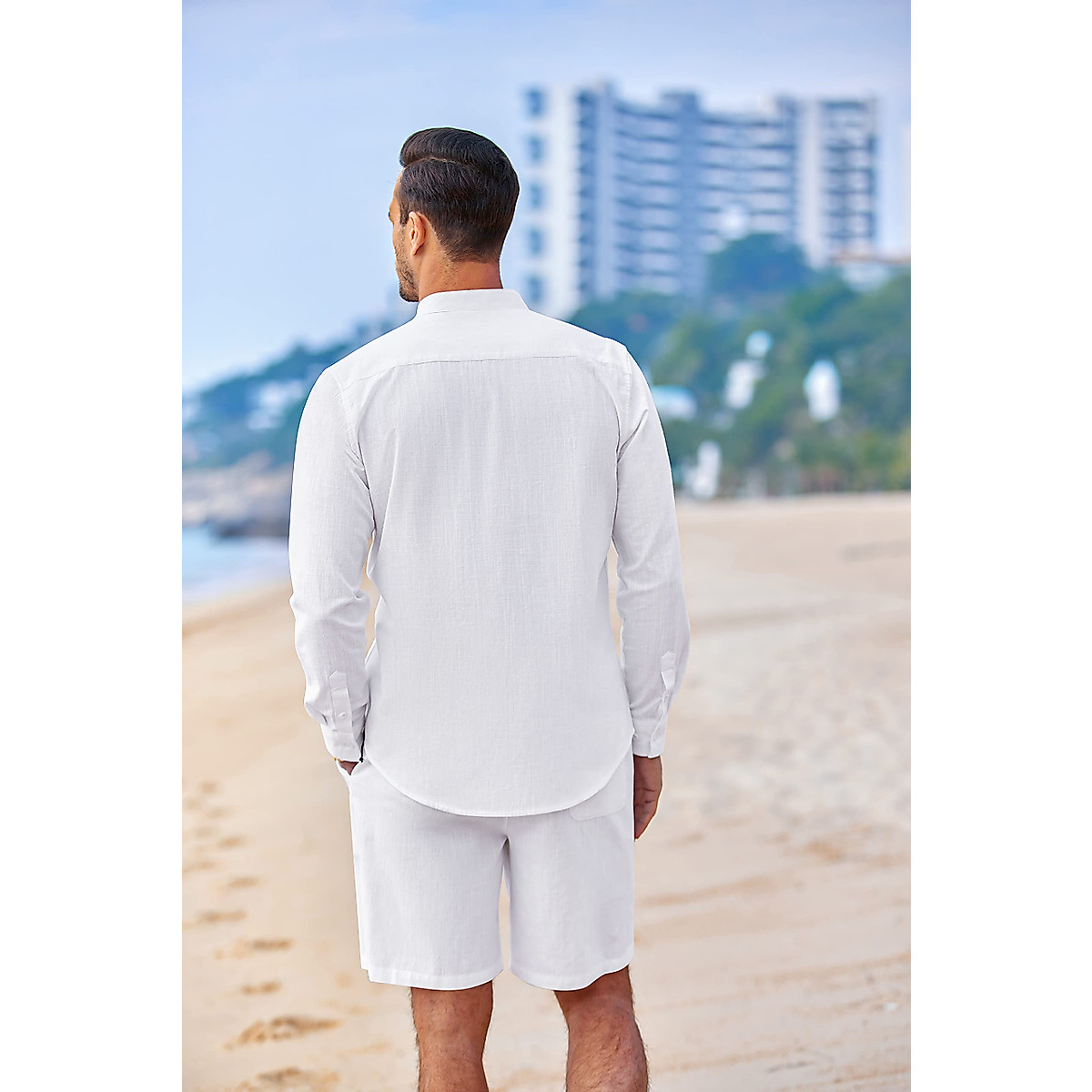 COOFANDY Mens White Beach Shirt And Shorts Casual Long Sleeve V-Neck Beach Shirt And Big And Tall Shorts For Men (White L