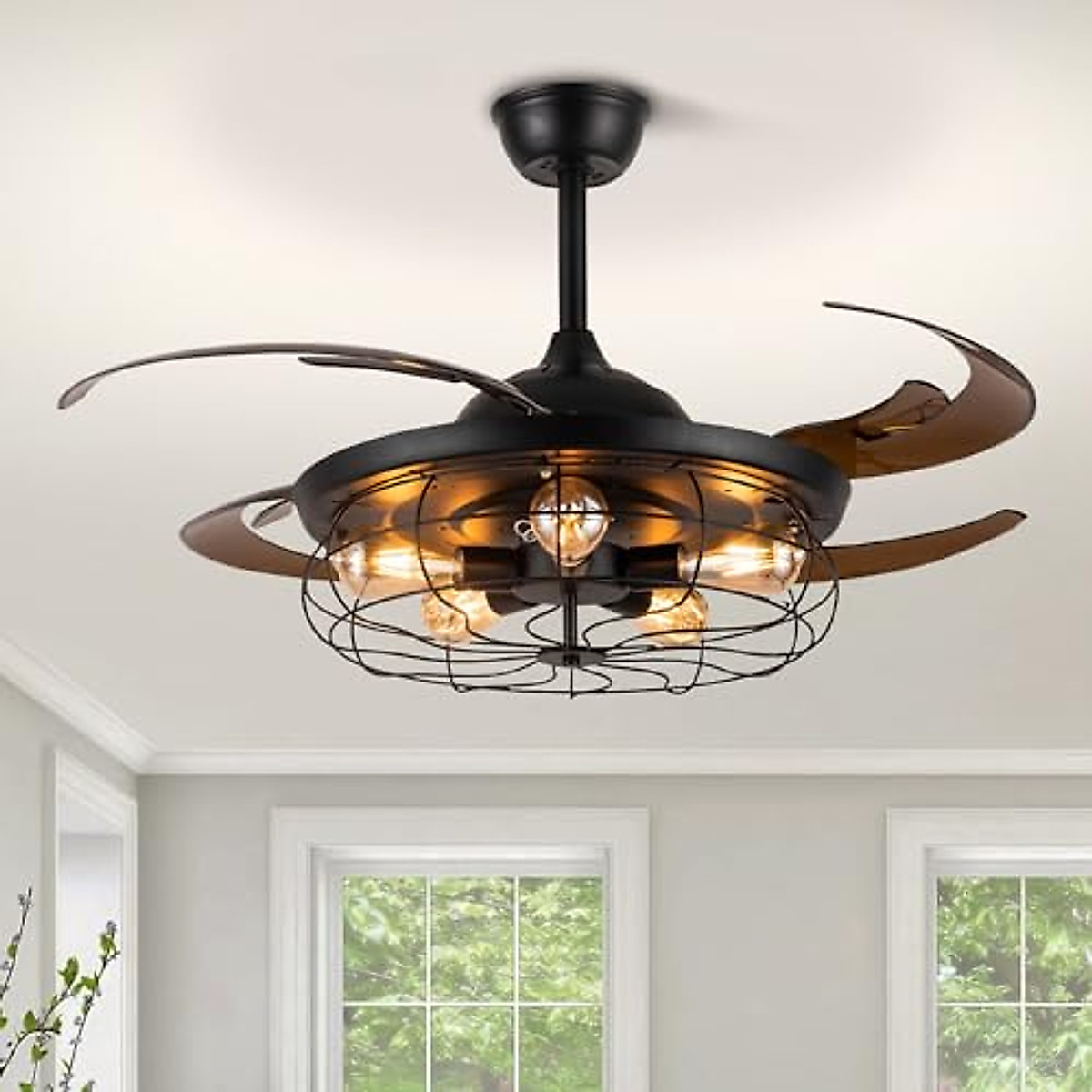 Siljoy Retractable Ceiling Fan with Lights Black Industrial Caged Ceiling Fan with Remote Controller Farmhouse Chandelier Fan with Lights for Living Room Bedroom Patio (48 Inches, 5 Lights)