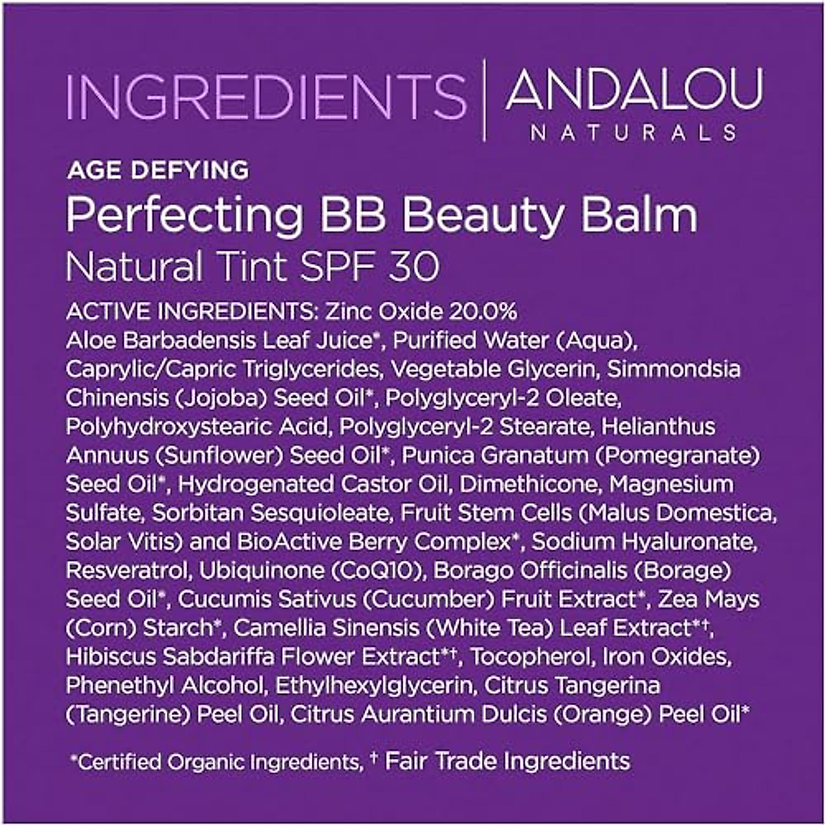 Andalou Naturals Perfecting BB Beauty Balm Natural Tinted Moisturizer with SPF 30, 2-in-1 BB Cream & Face Sunscreen with Broad Spectrum Protection, Mineral Sunscreen with Non-Nano Zinc Oxide, 2 Fl Oz