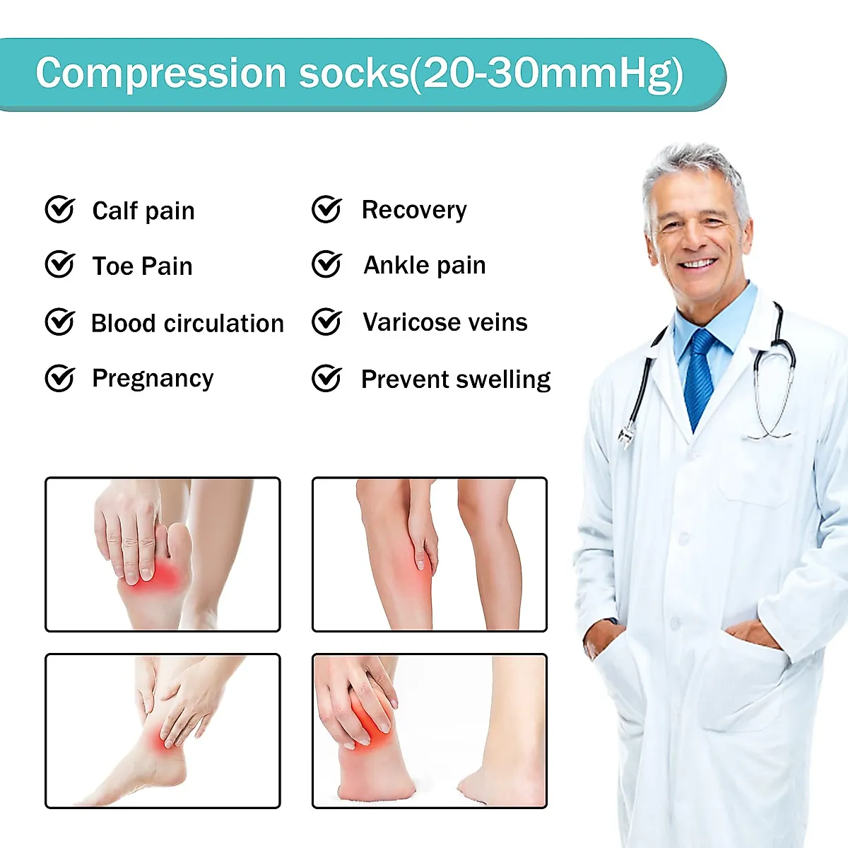 Compression Socks for Women & Men 20-30mmgh Knee High Socks for Running Nurse Travel 4-Pairs Striped Polka Dot