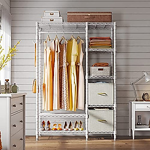 VIPEK V7 Wire Garment Rack 6 Tiers Heavy Duty Clothes Rack with 2 Fabric Drawers, Freestanding Wardrobe Closet Metal Clothing Rack for Hanging Clothes, 44.9"L x 16.5"W x 76.4"H, Max Load 730LBS, White