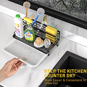 Cisily Sponge Holder Kitchen Sink Caddy Organizer, Rustproof Sponge Holder for Kitchen Sink, Non-Slip Soap Dish Dispenser Brush Holder Storage, Home & Kitchen Essentials Accessories（Matte Black）